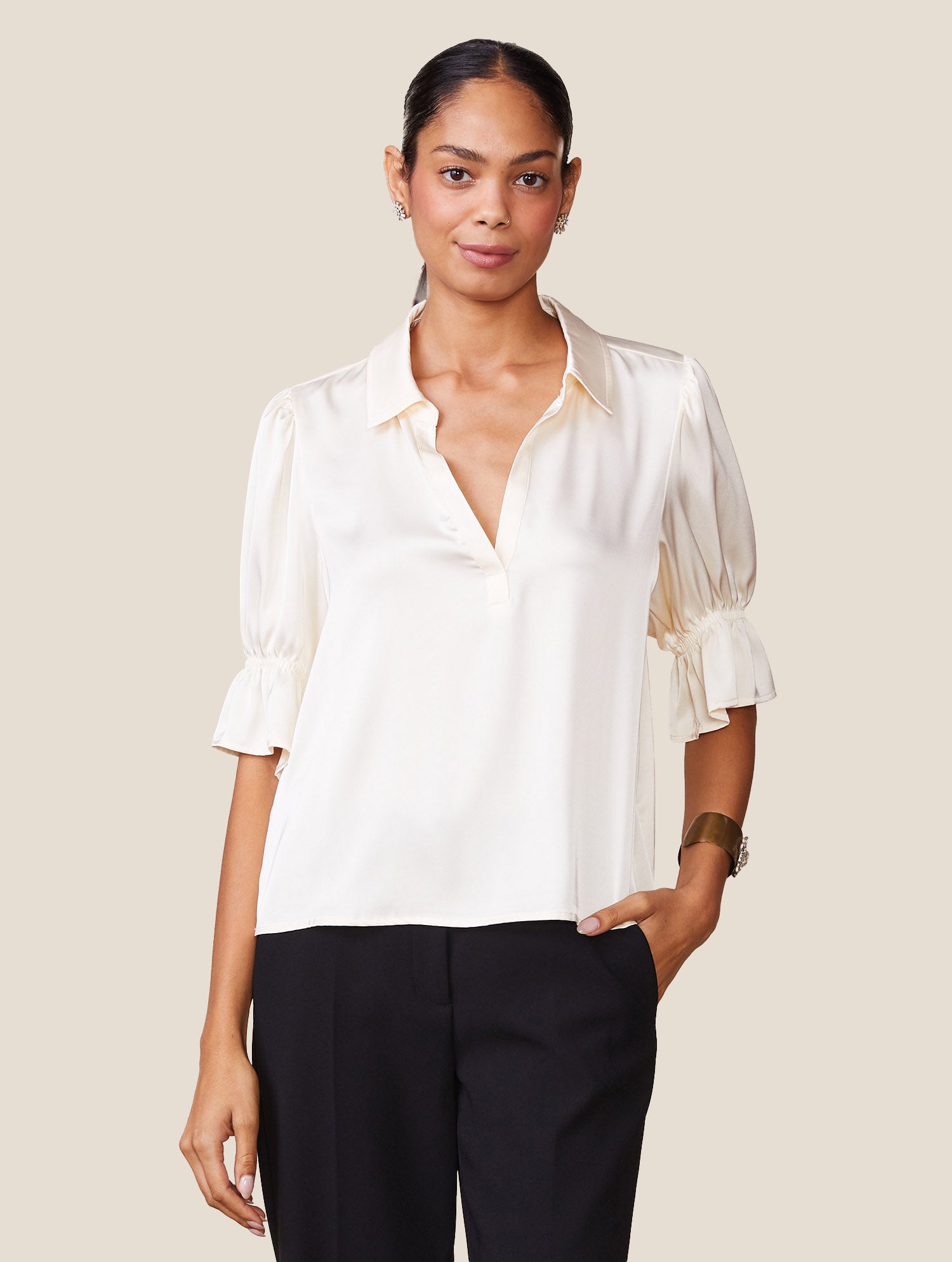 Cinched Sleeve Satin Top | ANTHEM the label